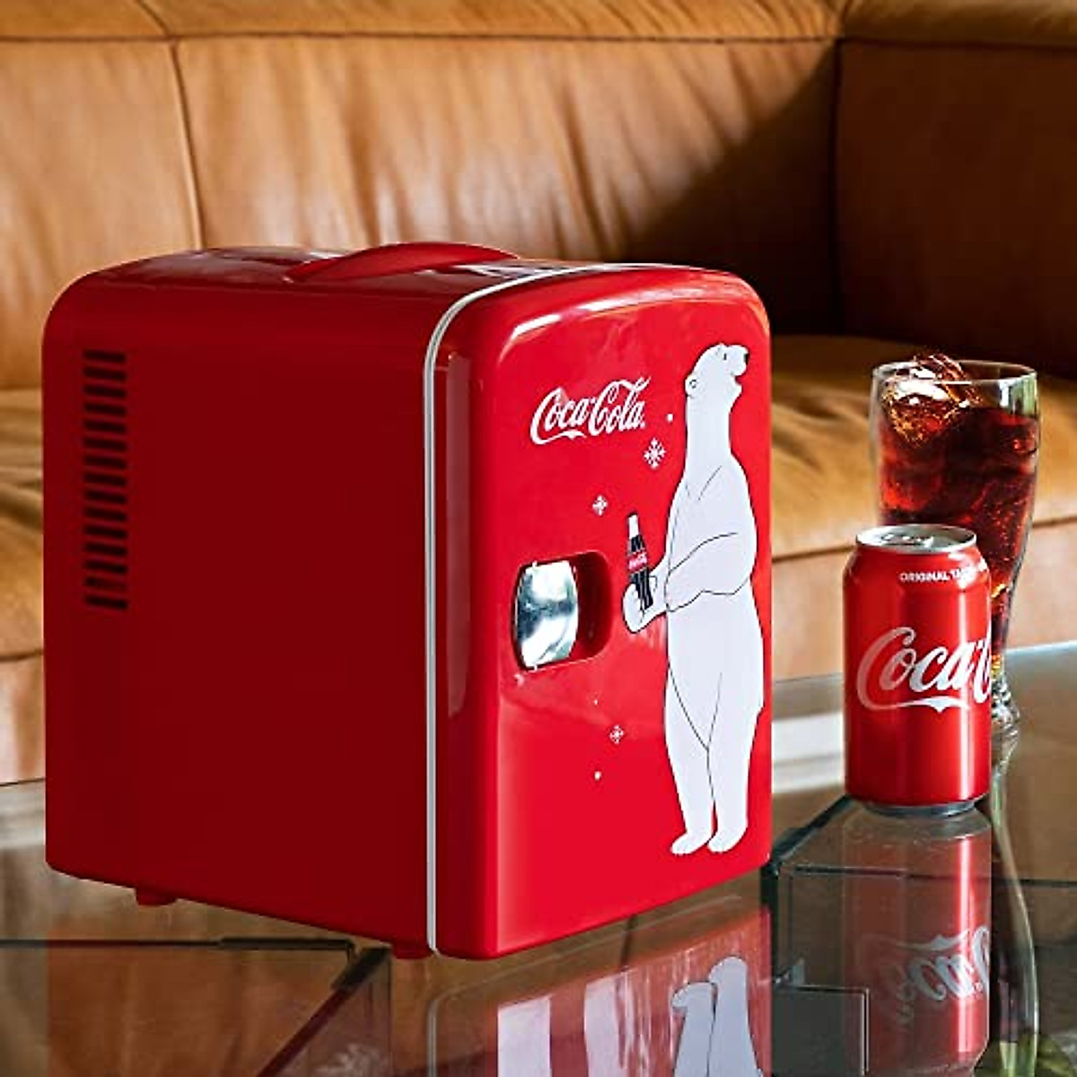 Coca-Cola 4L Portable Cooler/Warmer, Compact Personal-Travel-Fridge for Snacks Lunch Drinks Cosmetics, Includes 12V and AC Cords, Cute Desk Accessory for Home Office Dorm , Red, Polar Bear
