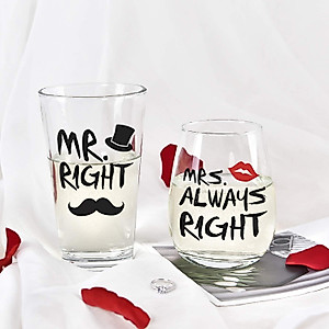 Mr. Right and Mrs. Always Right Wine Glass and Beer Glass Set, Glass Set for Engagement Wedding Anniversary, Couples Newlyweds Wife Husband Mr and Mrs