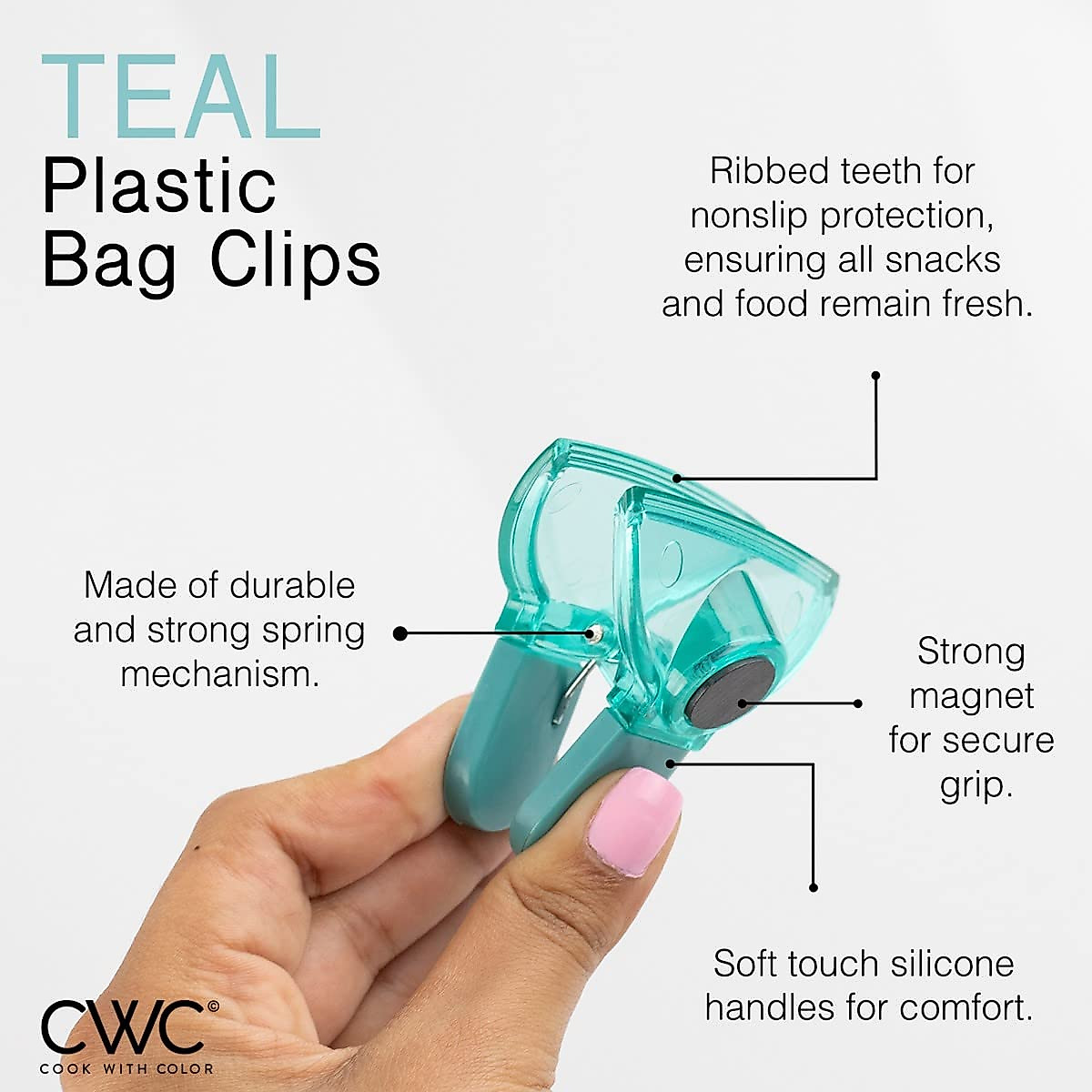 COOK WITH COLOR 6 Pc Chip Bag Clips with Magnet- Food Clips, Chip Clips, Small Bag Clips for Food Storage with Air Tight Seal Grip for Bread Bags, Snack Bags and Food Bags - (Teal)