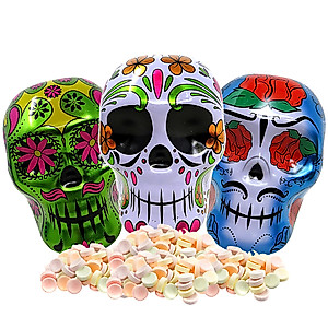 Day of the Dead Sugar Skull Metal Tin with Hard Candies Inside, Catrina Dia De Los Muertos Party Favors and Small Halloween Gifts, Pack of 3