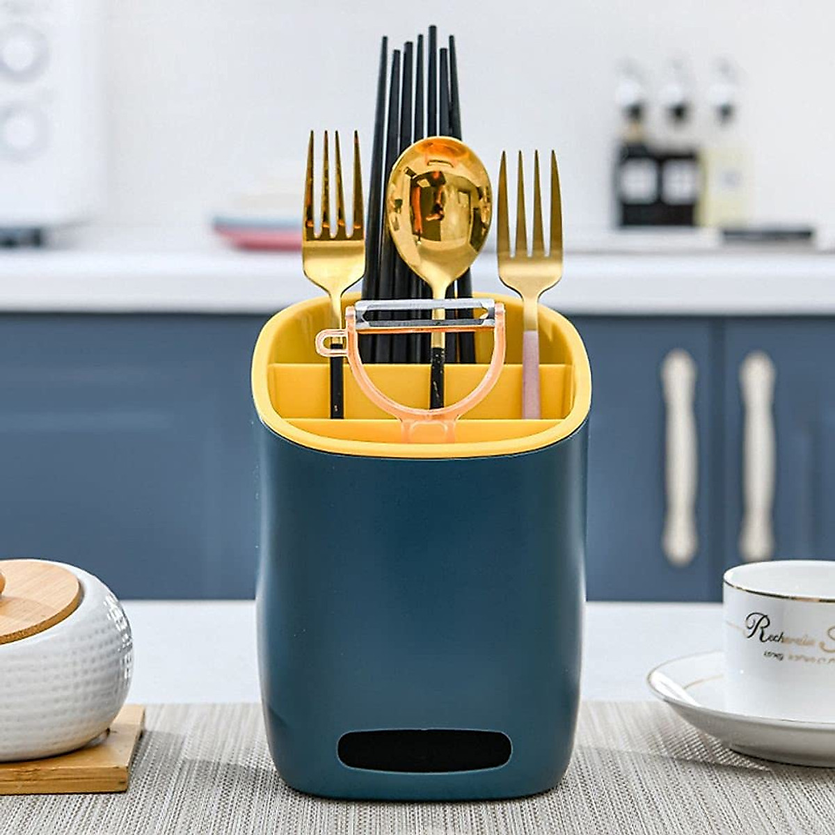 Utensil Holder Cutlery Drainer,Three Layer Chopsticks Holder Spoon Fork Drain Rack Basket Storage Holder Organizer Compartment Box(Blue)