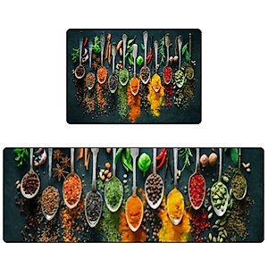 Vantaso Kitchen Mat Rug Colourful Herbs and Spices Set of 2 Cushioned Non-Slip Waterproof Kitchen Floor Mats Comfort Runner Rugs