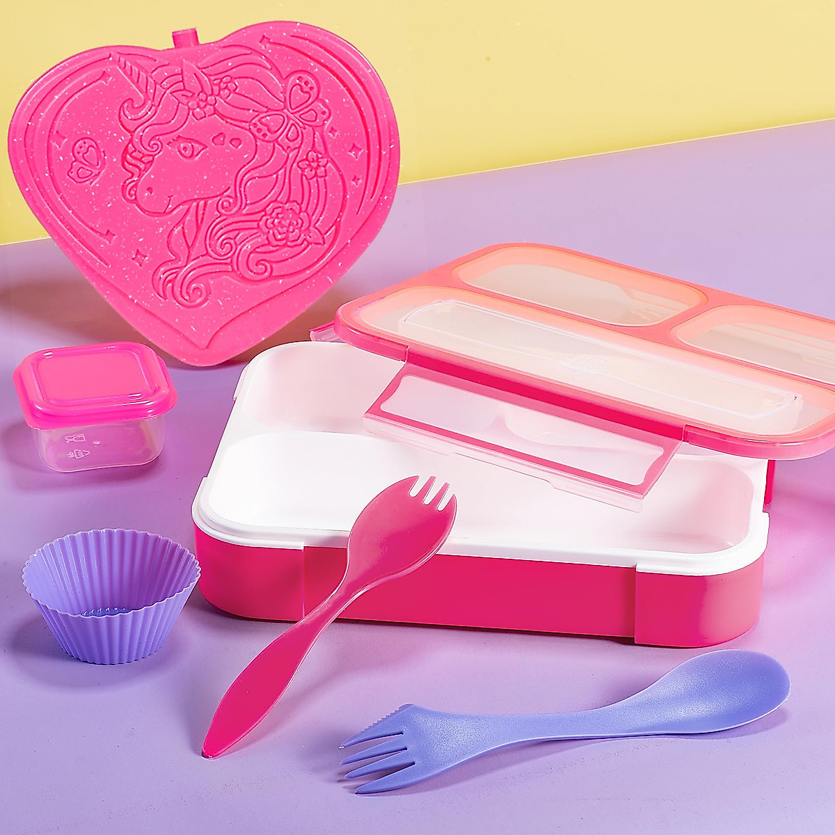 COO&KOO Unicorn Lunch Bag Lunch Box Set, Insulated Lunch Bag with 3 Compartment Bento Box Ice Pack Water Bottle Silicon Cap Spoon Salad Container for Lunch Kid's School Supplies Ideal for Age 7-15