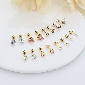 FIBO STEEL 8 Pairs Hypoallergenic Screw back Earrings for Women 316L Stainless Steel CZ Heart Pearl Flower Butterfly Screw Back Stud Earrings Pack Gold