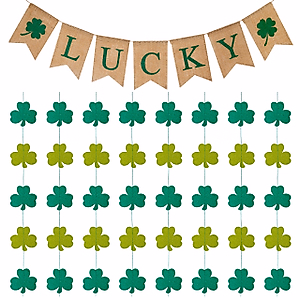 St Patricks Day Decorations, Lucky Shamrock Garland Banner, Patrick's Day Burlap Banners with 4 Glitter Shamrock Garland - NO DIY