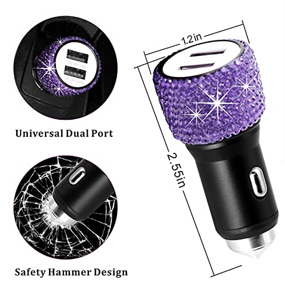Bling Car Accessories Set, MAIMEIMI 22 Pieces Bling Car Phone Holder Mount, Bling Dual USB Car Charger, Bling Car Visor Glasses Holders, Bling Car Seat Hooks Rhinestone Gift for Women Girls (Purple)
