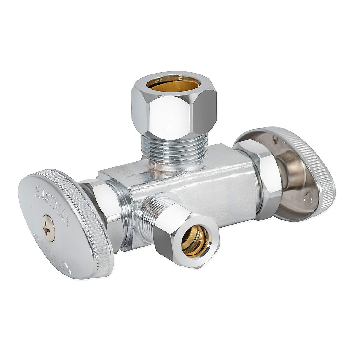 Eastman 5/8 Inch OD Compression x 3/8 Inch OD Compression (1/2 Inch Nom.) Dual Outlet/Dual Handle Stop Valve, Brass Plumbing Fitting, Chrome, 04352LF