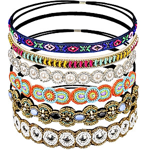 Teenitor 6 Pieces Elastic Rhinestone Beaded Women Headbands, Handmade Vintage Jewelry Hair Bands for Girl Hair Accessories 20-26.8’’ Multicolor