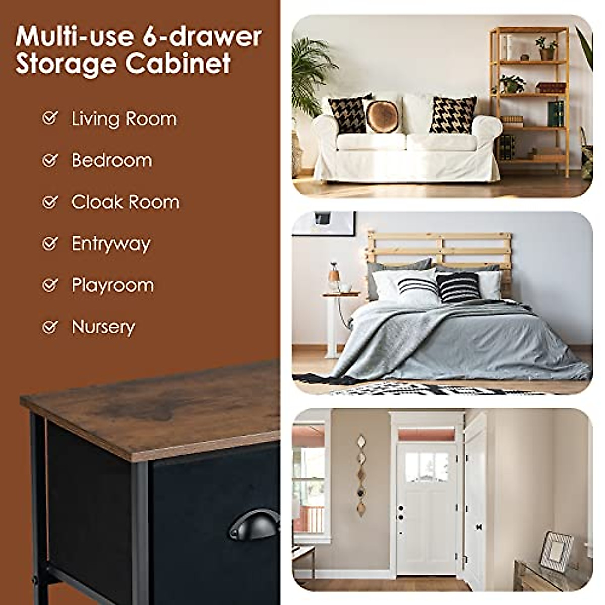 Giantex Drawer Storage Dresser, Wide Storage Organizer Unit with Labels, Steel Frame & 5 Removable Fabric Bins, Vertical Dresser Tower for Living Room, Bedroom, Closet, Entryway, Office (Black)