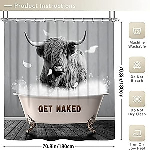 NEWSWELL 4pcs Bathroom Set Highland Cow Bull Shower Curtain 70.8 X 70.8Inch, Get Naked Grey Western Farmhouse with Blanket and Toilet Cover Bath Mat,Polyester Fabric Waterproof 12 Pack Plastic Hooks