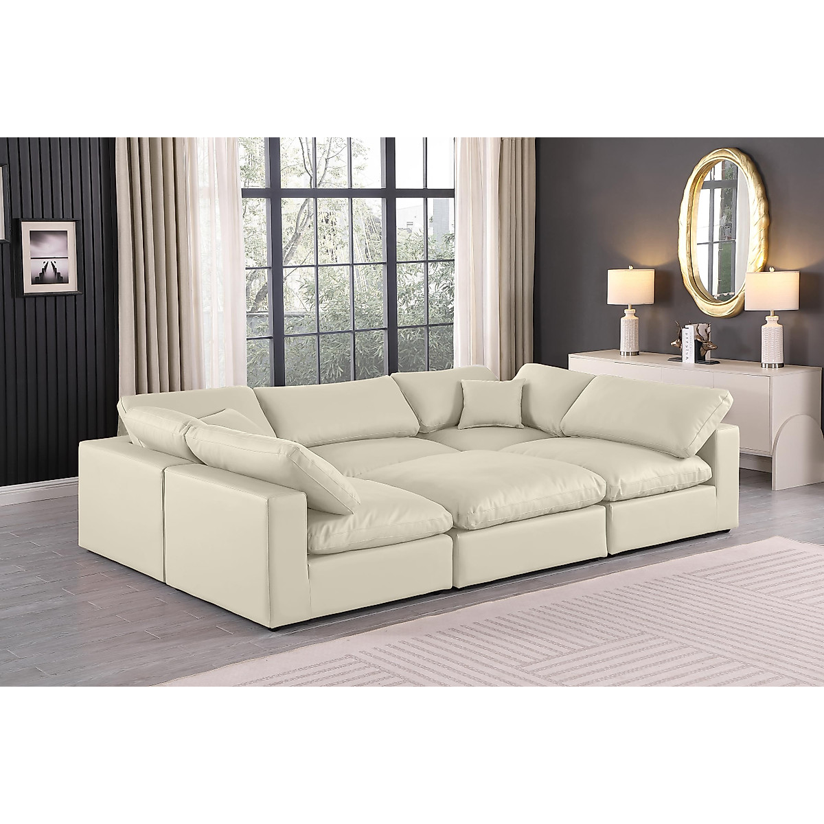 Meridian Furniture 188Cream-Sec6C Comfy Collection Modern | Contemporary Upholstered Modular Sectional, Soft Cream Vegan Leather, Fiber-Filled, 119" W x 79" D x 34.5" H, Cream