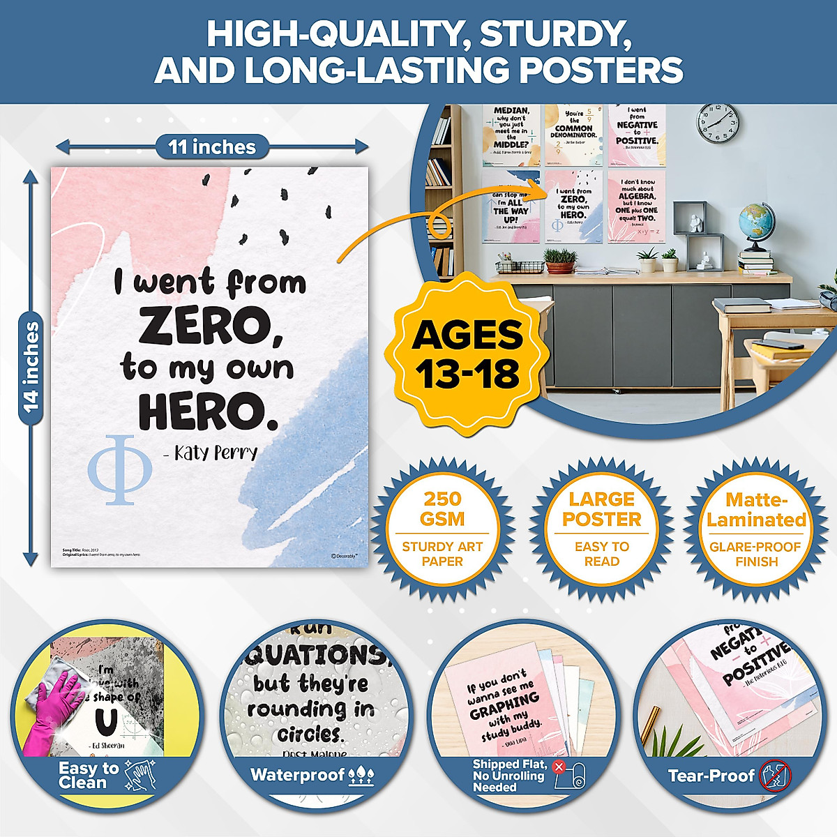 Decorably 16 Math Posters for Middle School, 11x14in Matte-Laminated Educational High School Math Classroom Decor