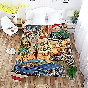Zaueky Vintage Route 66 Blanket Car Motorcycle Diner Eat Motel Trip Adventure Flannel Blanket Warm Cozy Throw Blanket for All Season Super Soft and Lightweight Blanket (30"X 40")