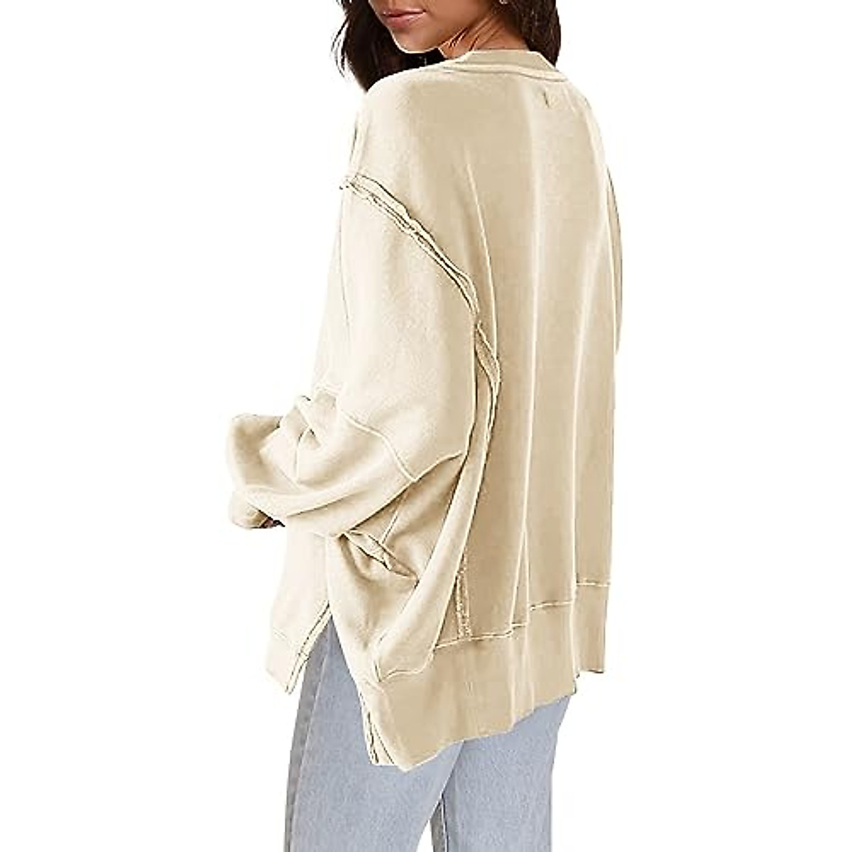 iHPH7 Womens Oversized Crewneck Sweatshirts Pullover Workout Tops Fall Long Sleeve Teen Girls Loose Outfits Preppy Cute Clothes Beige