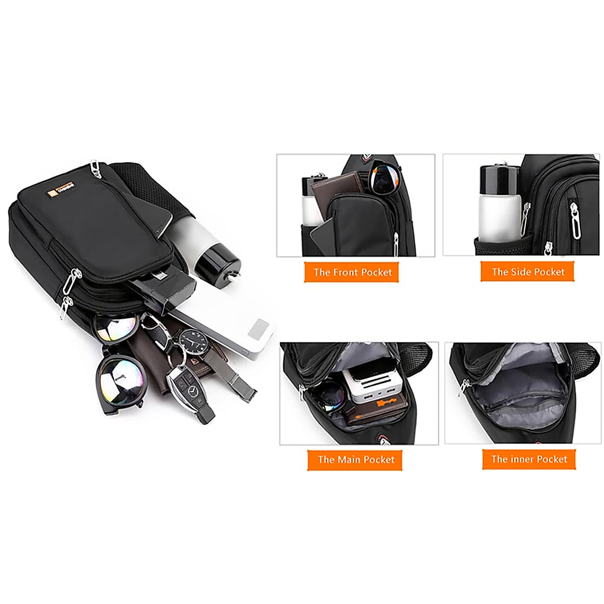 Yerchic Small Sling Bag Men Women Shoulder Backpack Mini Cross Body Chest Sling Backpack with Water Bottle Holder Travel Hiking Casual Daypack, Black