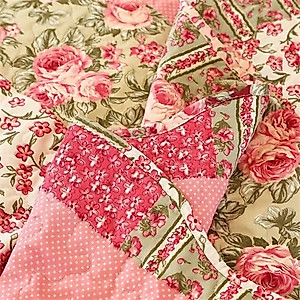 Cmfshape Summer Floral Queen Quilted Bedspread,Romantic Pink Quilt Set Full,Reversible Stitched Bedding Set All Season,Soft Lightweight Coverlet with Pillow Cases (Hot pink&Rose, Queen90 x90)