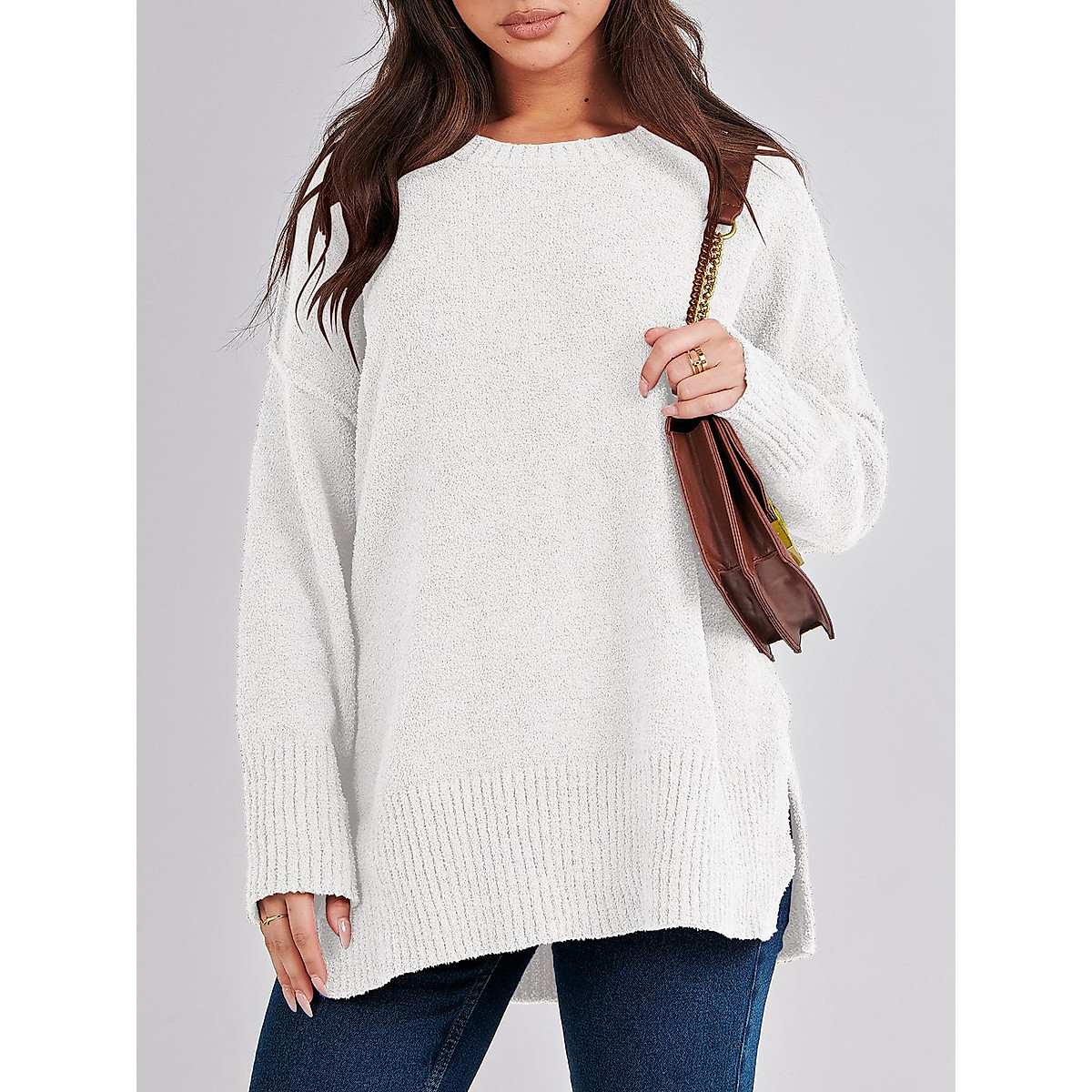 ANRABESS Women's 2024 Fall Oversized Long Sleeve Chunky Fuzzy Knit Casual Crewneck Warm Pullover Sweaters Top Trendy Outfits White