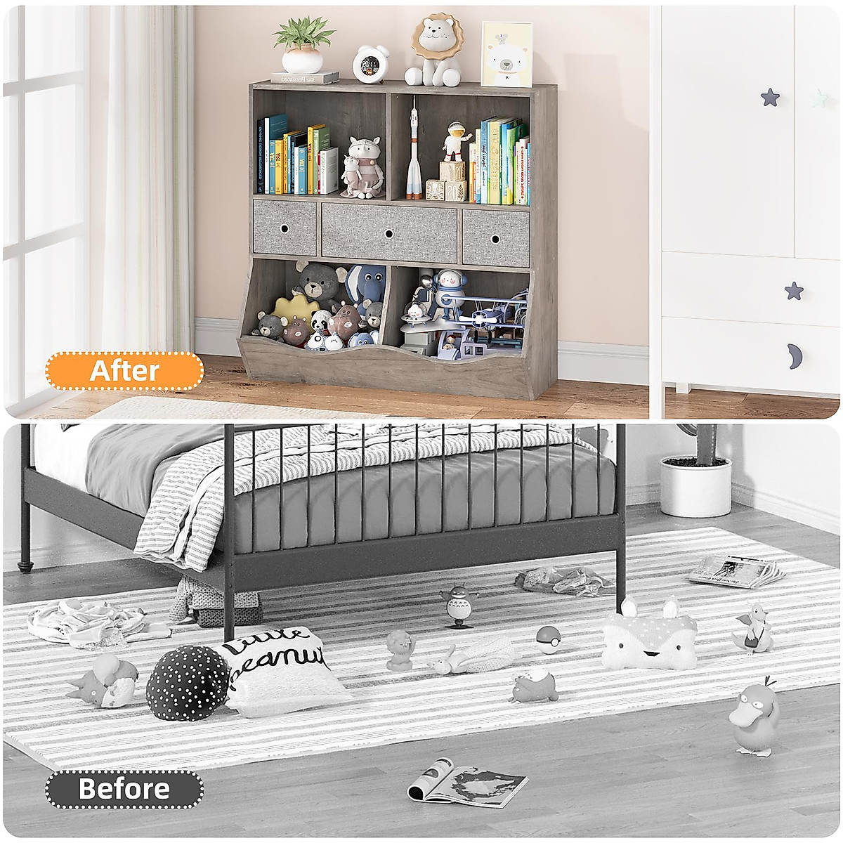 Alkmaar Kids Bookshelf and Bookcase Toy Storage Multi Shelf with Cubby Organizer Cabinet and Drawers for Boys Girls for Children's Room Playroom Hallway Bedroom (Grey)