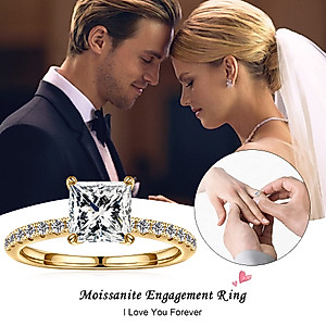 SMILEST Moissanite Engagement Rings for Women, 1.5CT Princess D Color VVS1 Clarity Solitaire Moissanite Rings Gold Plated Solid S925 Sterling Silver Four Prong Moissanite Promise Rings for Women Gifts