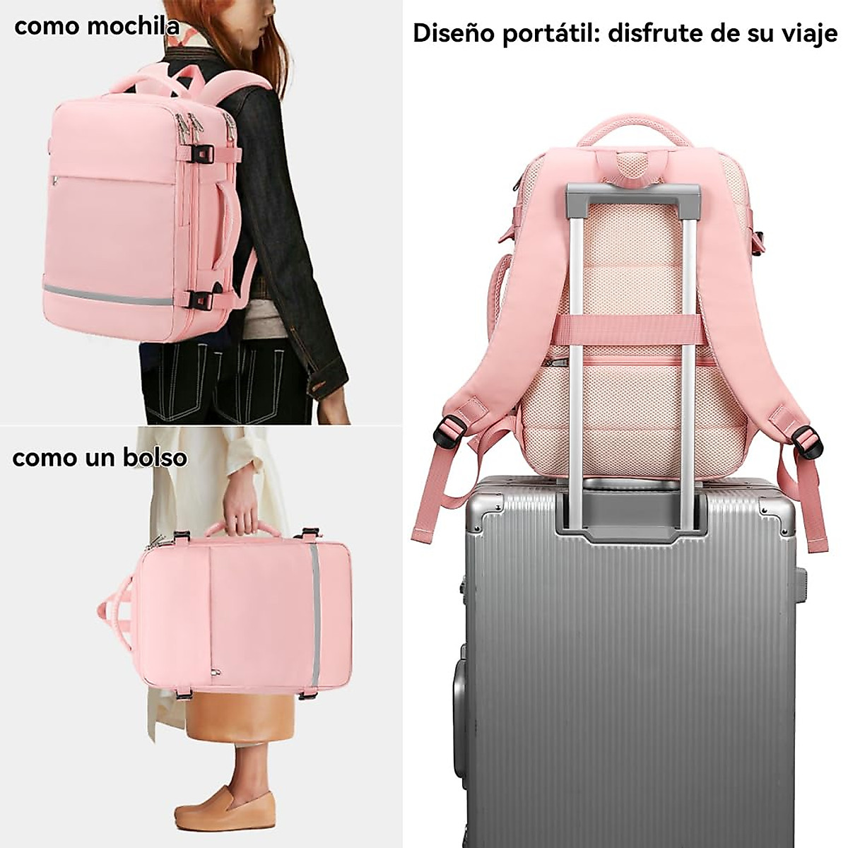 XJ-HOME Women Travel Laptop Backpack with USB Charging Port, Backpack for Traveling on Airplane with Laptop Compartment, Carry on Backpack Flight Approved with Luggage Strap, Fit for 15.6" Laptop,Pink