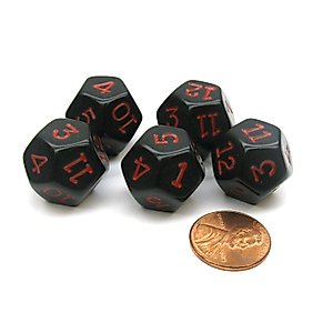 Koplow Games Set of 5 D12 12-Sided 18mm Opaque RPG Dice - Black with Red Numbers