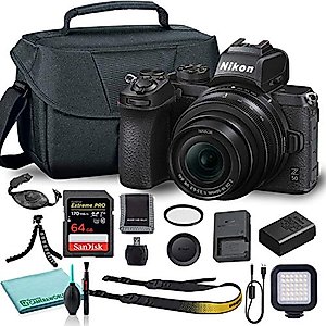 Nikon Z50 Mirrorless Digital Camera with 16-50mm Lens (1633) + Camera Bag + 46mm UV Filter + SanDisk 64GB Extreme PRO Memory Card + Hand Strap + Portable LED Video Light + More