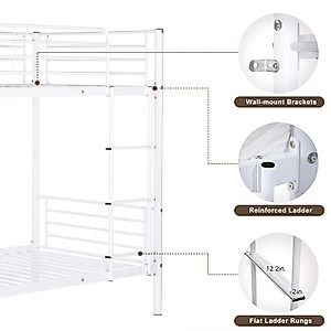 Bonnlo Bunk Bed Twin Over Twin, Metal Bunk Beds White for Girls/Boys/Adults, Anti-Slip Flat Step, No Box Spring Needed
