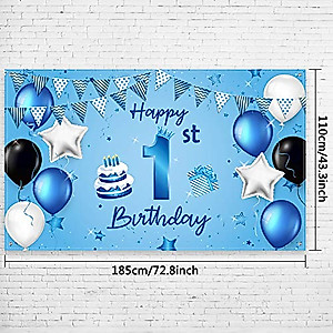Happy 1st Birthday Backdrop Banner Blue Newborn Boys First Birthday Backdrop Photography Background for 1st Birthday Baby Shower Party Decorations Supplies 72.8 x 43.3 Inch