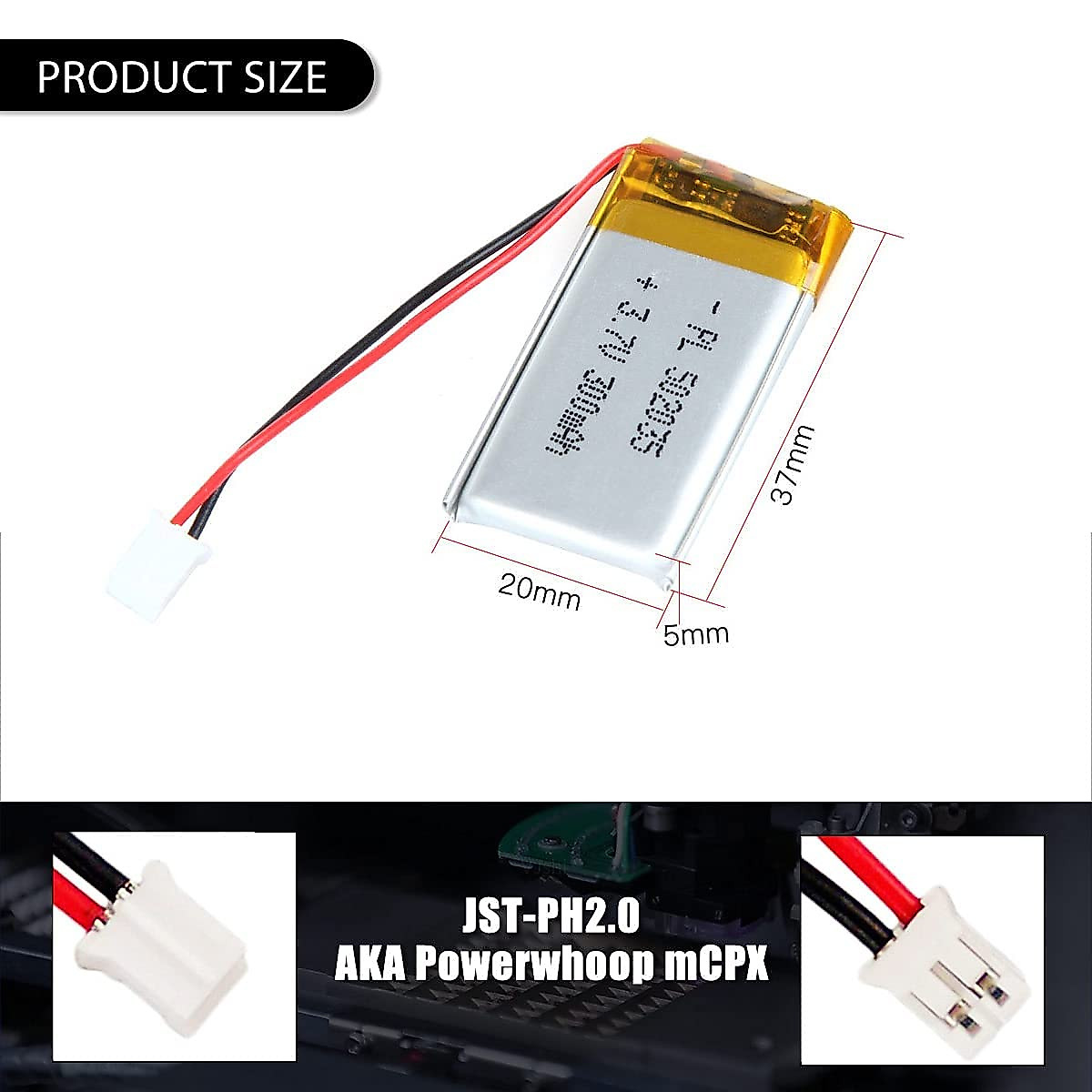 AKZYTUE 3.7V 300mAh 502035 Lipo battery Rechargeable Lithium Polymer ion Battery Pack with PH2.0mm JST Connector