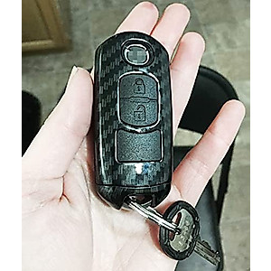 iJDMTOY (1) Carbon Fiber Pattern Smart Key Fob Shell w/ Black Silicone Key Button Skin Compatible With Mazda 2 3 5 6 CX-3 CX-5 CX-7 CX-9 MX-5 (Fit 2 or 3 Button Keys)
