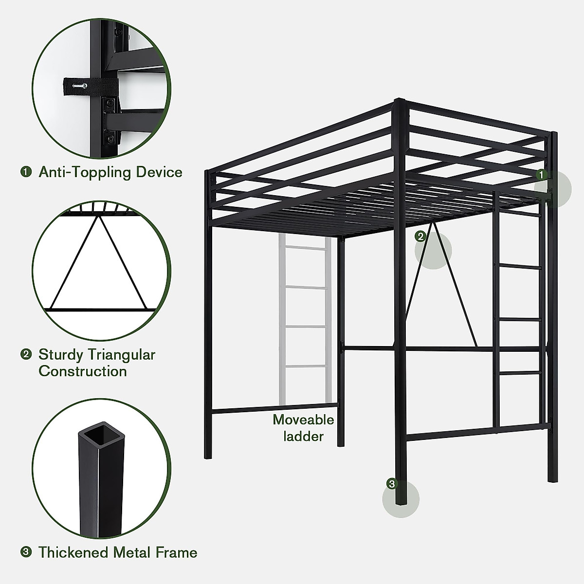 MUTICOR Loft Bed Frame for Juniors&Adults, Metal Loft Bed Twin Size with Safety Guardrail&Removable Ladder, Space-Saving, Noise Free, Matte Black