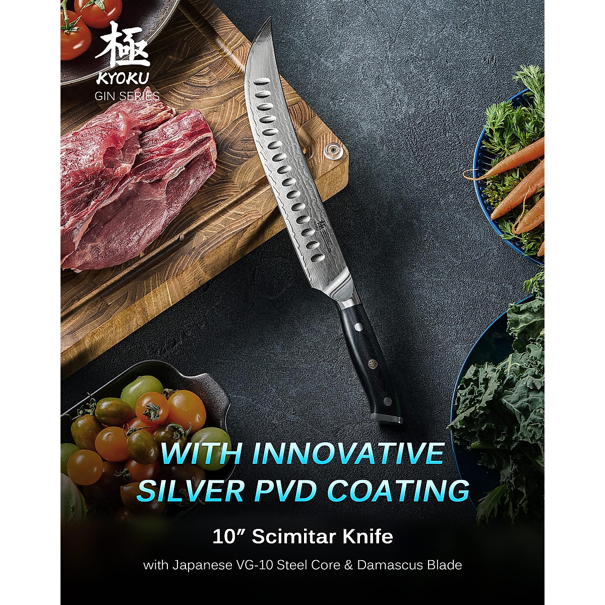 KYOKU 10" Scimitar Knife, Gin Series Cimitar Breaking Knife with Silver PVD Coating Damascus Blade, Japanese VG10 Stainless Steel Butcher Knife, Full Tang Brisket Kitchen Knife with Sheath & Case