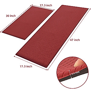 Cenivi 2PCS Kitchen Rugs, Red Kitchen Mat, 47 Inches Cushioned Anti-Fatigue Kitchen Rug, Kitchen Mats for Floor, Non-Slip Kitchen Rugs Sets of 2, Waterproof Kitchen Mat 17.3"×30"+17.3"×47"