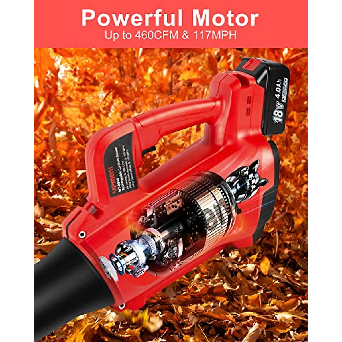 Vpment 460CFM 117MPH 18V Electric Cordless Leaf Blower-6 Adjustable Speeds，4.0 Ah Battery（Charger Included）