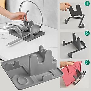 Cozihom Silicone Spoon Rest and Pot Lid Holder Stand for Kitchen Counter Top, Ladle/Spatula/Spoon/Tongs Holder, Food Grade Silicone, Heat Resistant, Anti-slip BPA-Free, Grey
