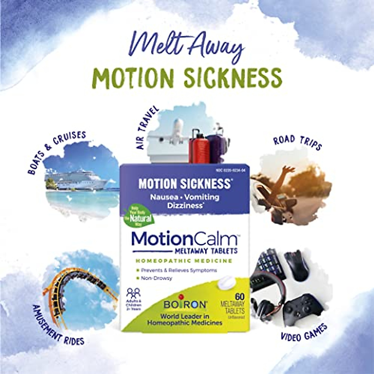 Boiron MotionCalm Relief for Nausea, Vomiting, or Dizziness associated with Motion Sickness Due to Travel, Amusement Rides, and Video Games or VR - Non-Drowsy - 60 Count