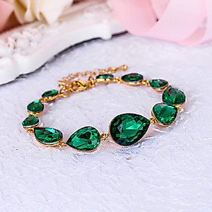 BriLove Wedding Bridal Crystal Bracelet for Women Multi Teardrop Bracelet Emerald Color Gold-Toned