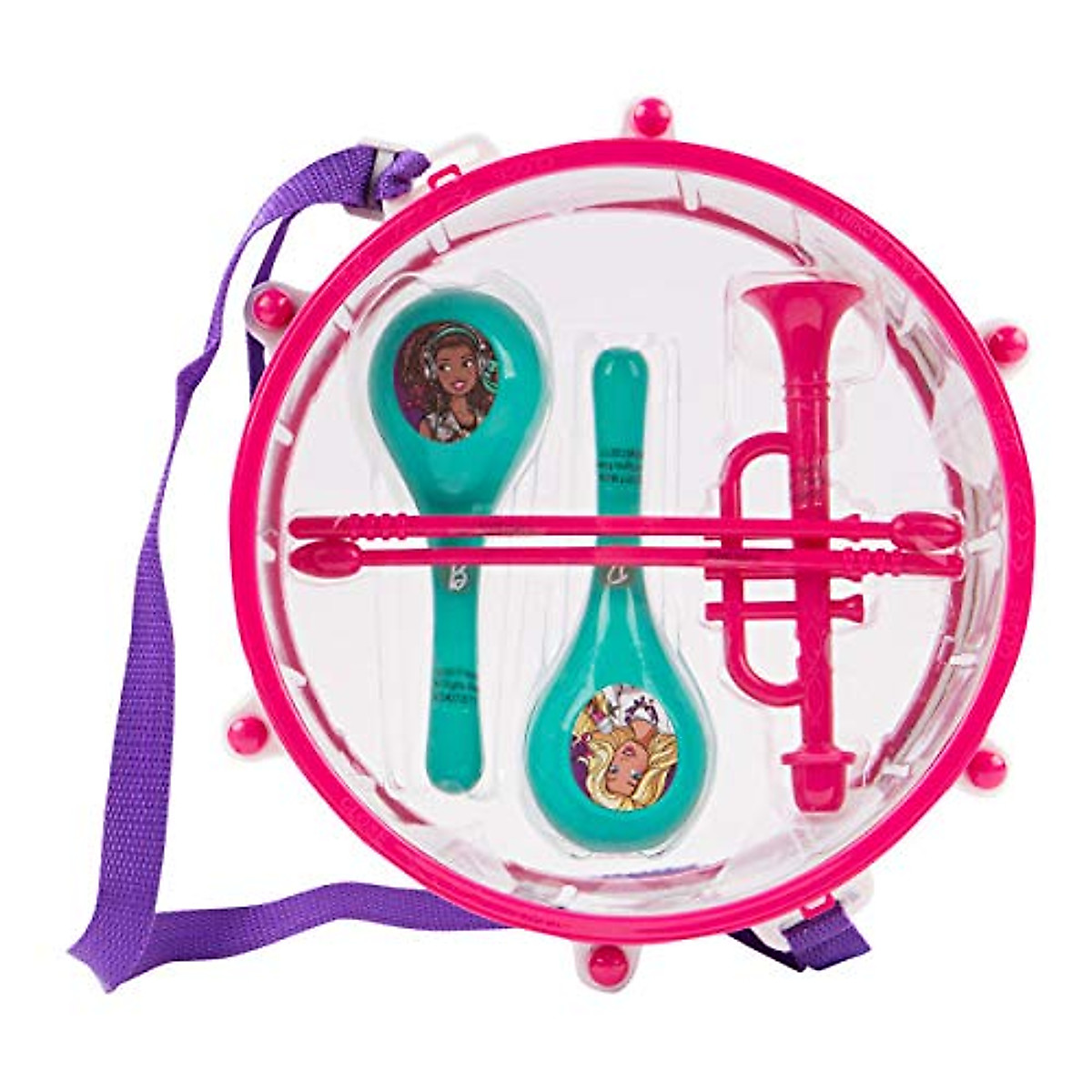 Sakar Barbie Six Piece Kids Drum Kit Musical Barbie Toys, Drum Set for Kids Music & Education, Comes with 4 Kids Instruments, 2 Drum Sticks, Bonus Toy Strap for Drums