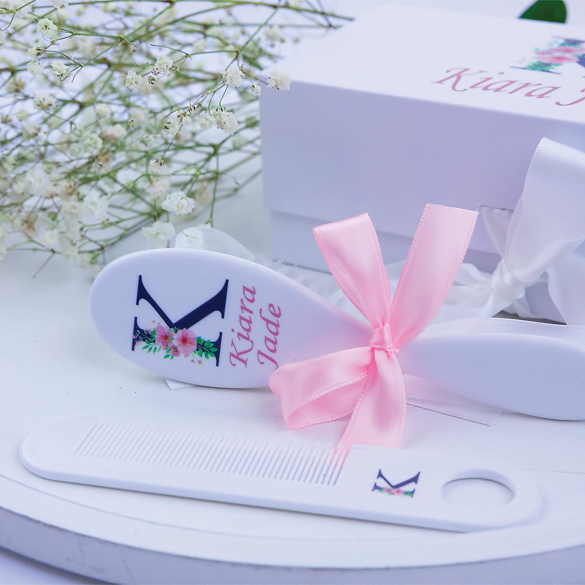Personalized Baby Gift Girl, Baby Brush & Comb Set, Floral Initial Baby Gift, Baby Gifts for Newborn Girls.