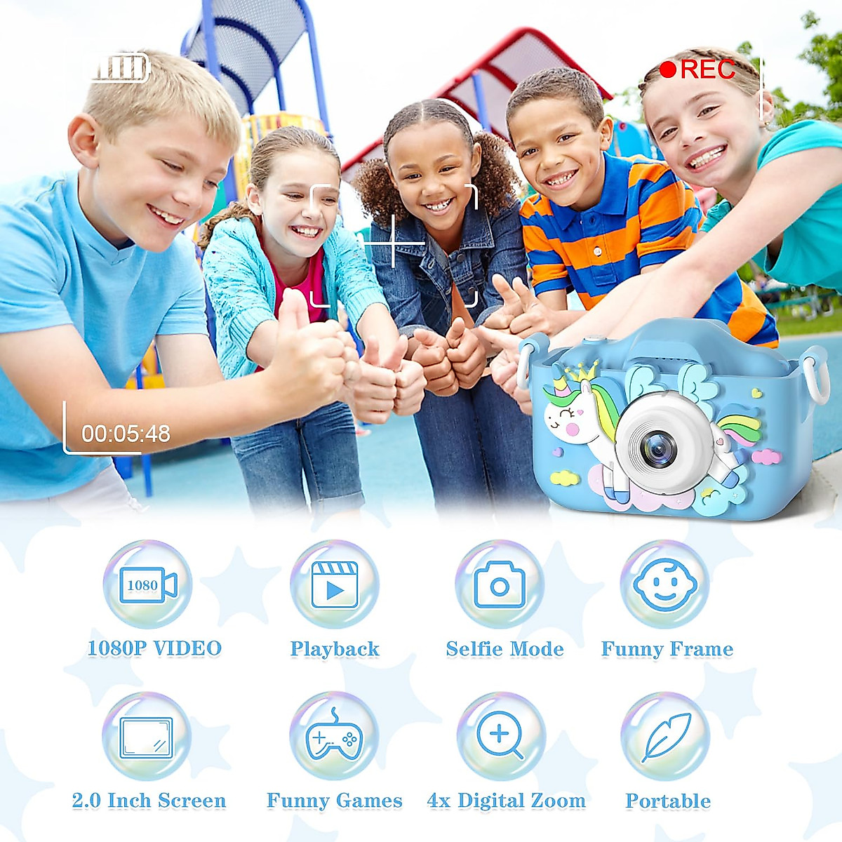 Anesky Kids Camera, Toy Camera for 3 4 5 6 7 8 9 10 11 12 Year Old Girls/Boys, Kids Digital Camera for Toddler with Video, Selfie Mode, Best Birthday Gifts Camera for Kids with 32GB Card - Blue