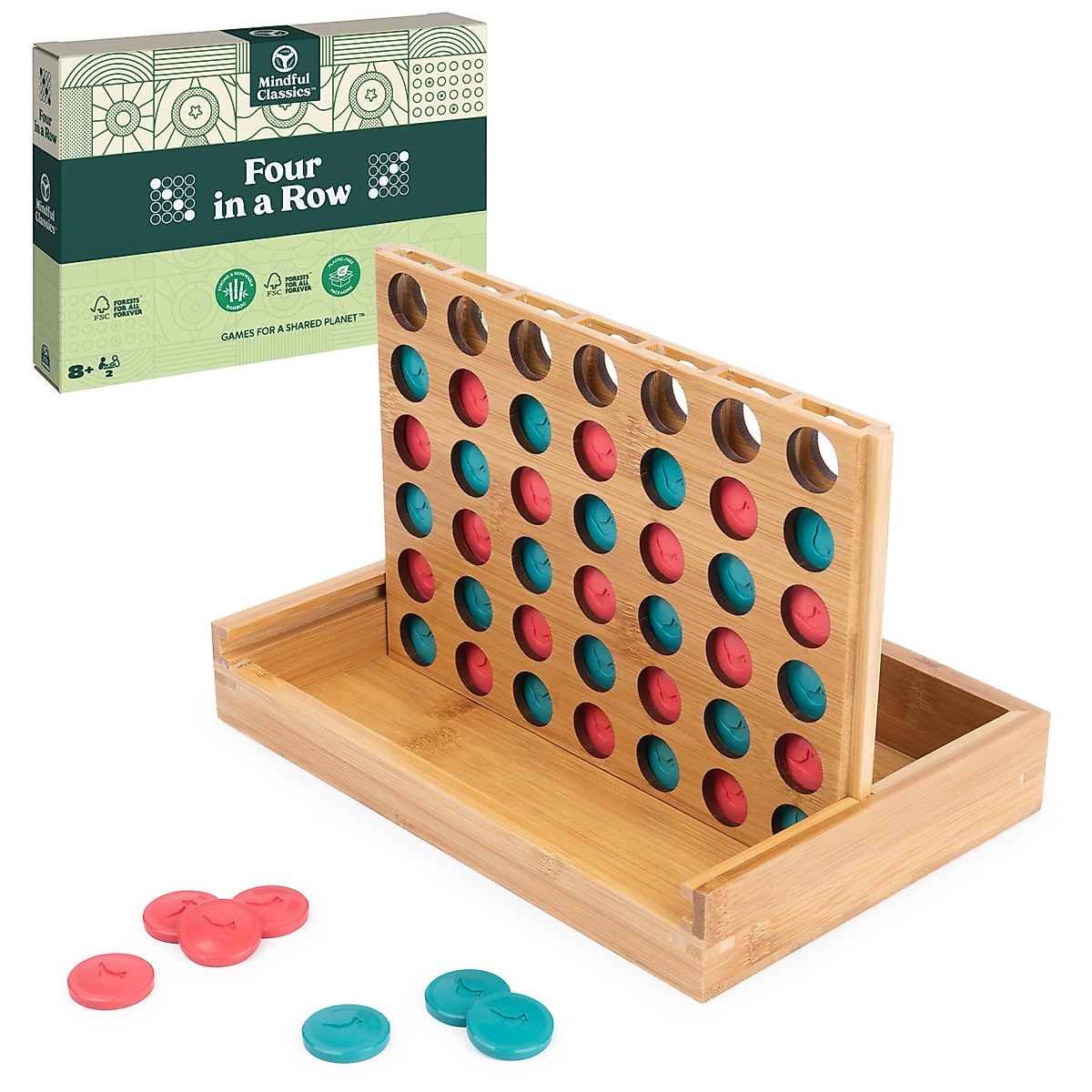 Mindful Classics, Four in a Row Family Board Game with Bamboo and Recycled Plastic Earth Day Eco-Friendly Products, for Adults and Kids Ages 8 and up