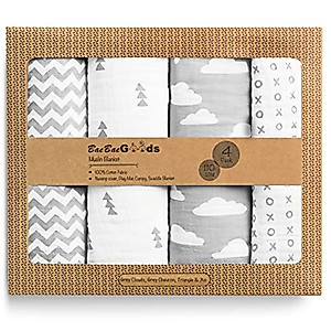 Muslin Swaddle Blankets – Soft Pure Cotton Muslin Blankets – 4 Pack of Breathable Swaddle Blankets – Unisex Baby Swaddle Blanket Set in Grey/White Designs – Multi Use Muslin Blankets – 47 x 47 inches