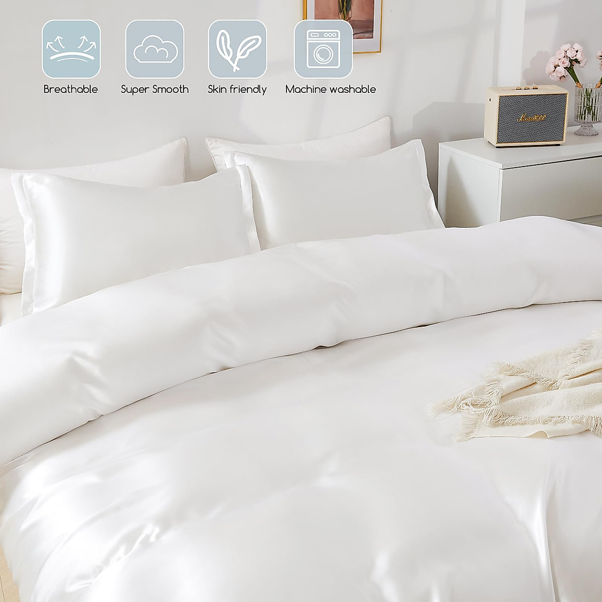 HOdo Home Satin Duvet Cover Queen Size, 3 Piece Silk Like Comforter Cover, Ultra Soft and Breathable Bedding Set with Zipper Closure & Corner Ties