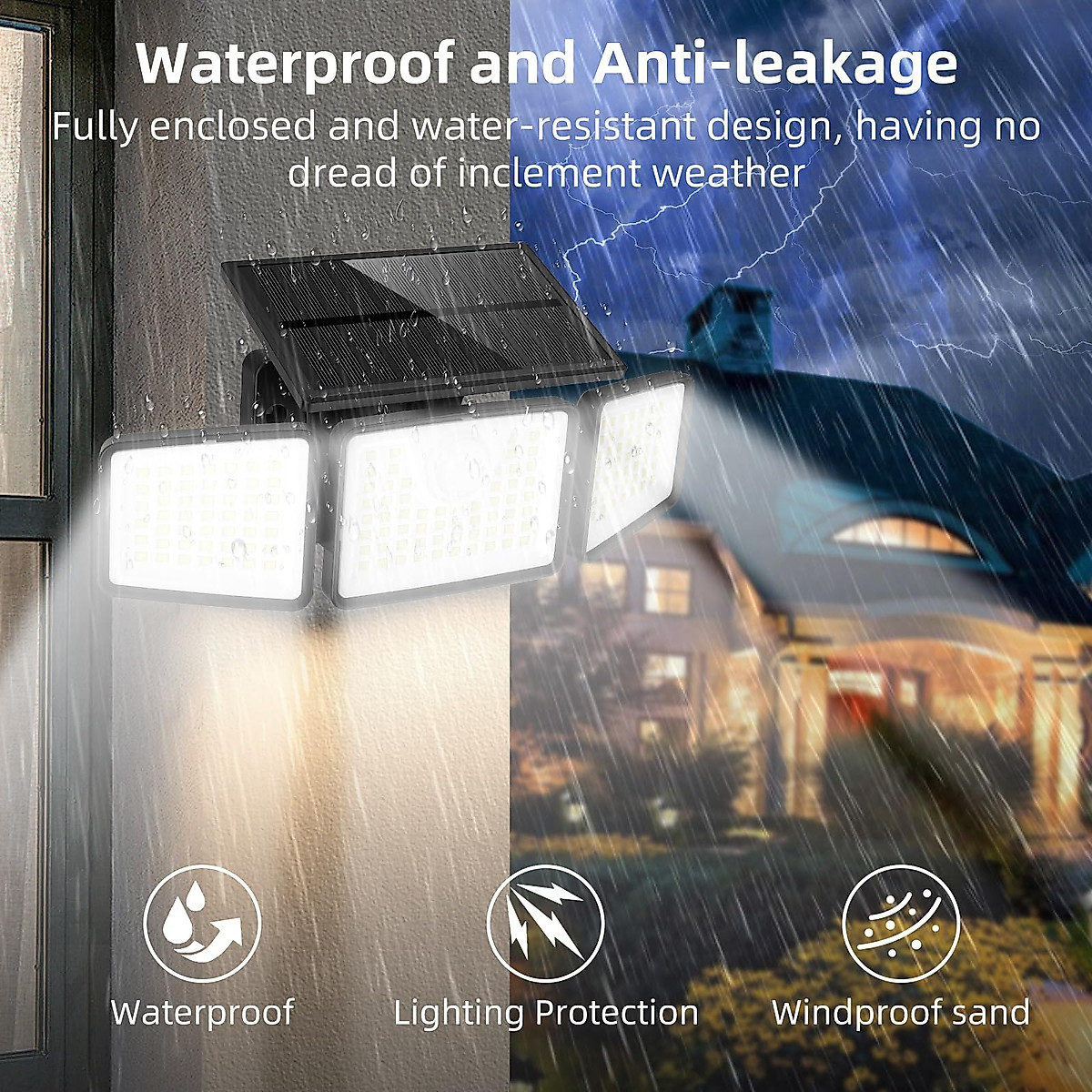 daphino Solar Lights Outdoor 2500LM Motion Sensor Outdoor Lights,3 Head 355° Wide Angle Street Area Lights, Waterproof Security Lights with 3 Modes(Black,Non-Remote-2 Pcs)