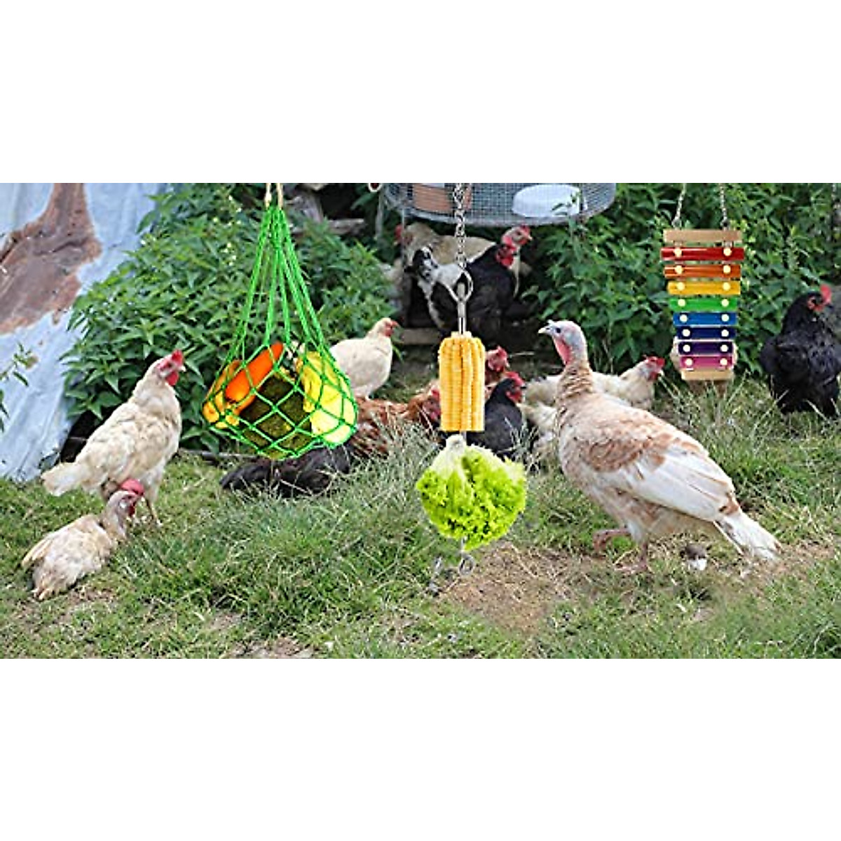 4PCS Chicken Coop Toys-Chicken Xylophone Toy Chicken Veggies Fruit Skewers Lettuce String Bag Hanger Chicken Treats Holder for Hens Roosters Chicks