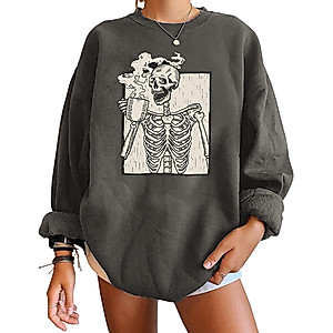 Meladyan womens Halloween Skull Graphic Print Fleece Oversized Sweatshirt Crewneck Long Sleeve Drop Shoulder Pullover, Dark Grey, X-Large