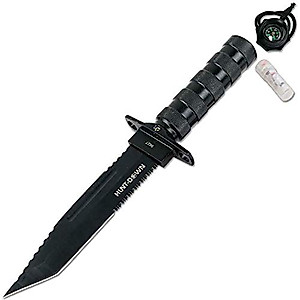 Hunt-Down 12" Black Color Fixed Blade Survival Stainless Steel Blade Knife - Survival Kit & Compass