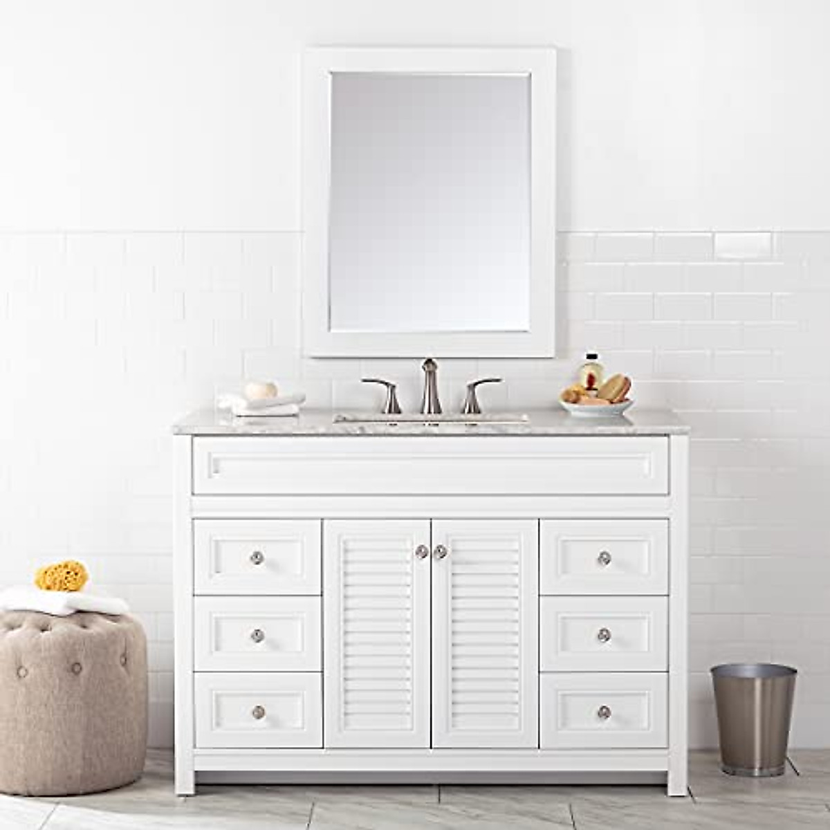 Spring Mill Cabinets Rillette Bathroom Vanity with 2-Door Cabinet, 4 Drawers, and Silver Ash Countertop with Integrated White Sink, 49" W x 22" D x 35.5" H, White