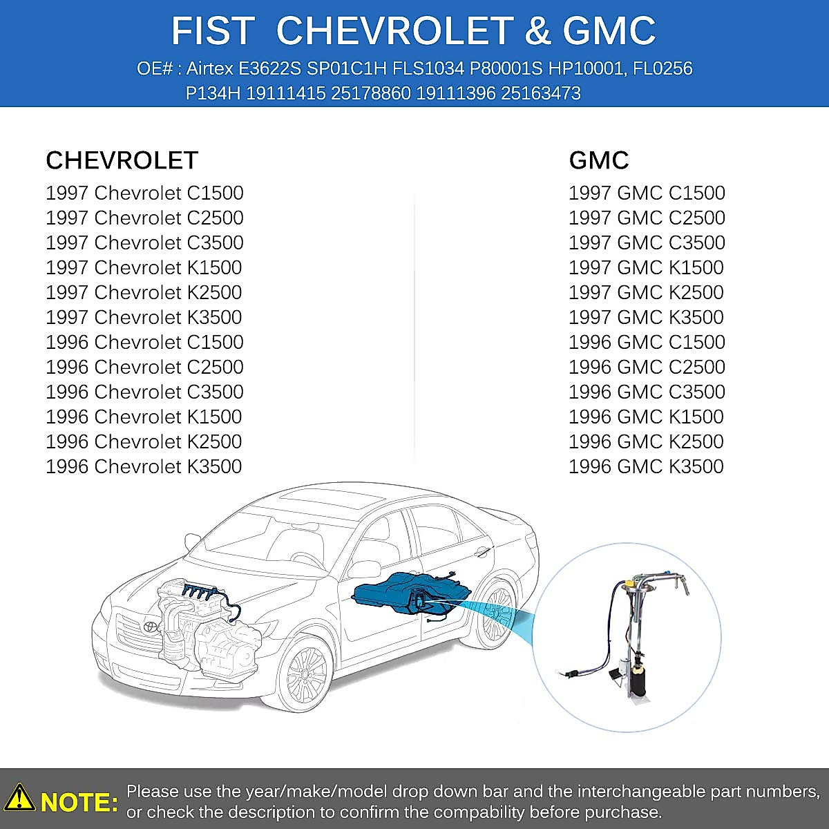 FAERSI Fuel Pump Replace# E3622S Compatible with 1996-1997 Chevy | GMC C1500 C2500 C3500 K1500 K2500 K3500 V6 V8 4.3L 5.0L 5.7L 7.4L Module Assembly
