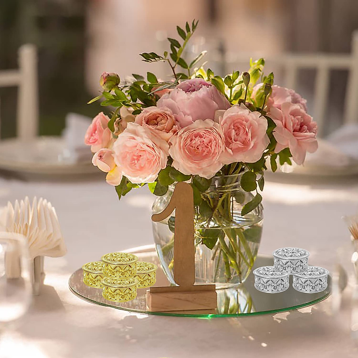 Kukiwhy 12 PCS Gold Silver Round Candy Boxes,Wedding Favor Boxes Candy Hollow Jars Candy Storage Boxes Gift Boxes for Wedding Baby Shower Christmas Birthday Party